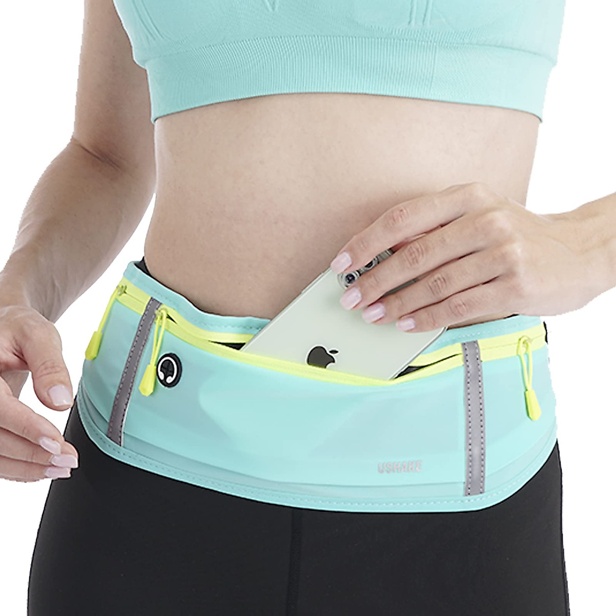 USHAKE Slim Running Belt, Workout Fanny Pack for Men Women,Exercise Waist Pack for Apple iPhone Holder, Runner Belt for Running Walking Cycling Camping Gym Mint blue