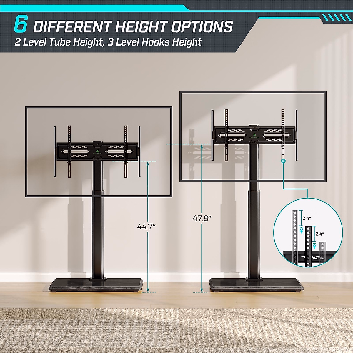 Greenstell TV Stand with LED Lights, Floor TV Stand for 32-70 inch TVs, Height Adjustable, Swivel Tall TV Stand, Eye Protection, Holds up to 110 Lbs, Max VESA 600x400mm