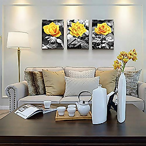 Canvas Wall Art For Bedroom Living Room Bathroom Wall Decor For Kitchen Family Pictures Artwork Black And White Yellow Rose Flowers Paintings 12" X 16" 3 Pieces Framed Modern Office Home Decorations