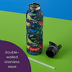 Highlights Insulated Water Bottle for Kids, 20-Ounce Stainless Steel Water Bottles for Boys and Girls, Double Wall Vacuum Insulated, Kids Water Bottle for School (Dinosaur - Green)