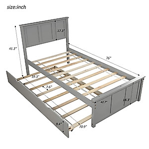 P PURLOVE Twin Size Bed Frame with Trundle,Wood Platform Bed with Twin Size Trundle Bed,Twin Platform Bed Frame with Headboard with Slat Support, No Box Spring Need