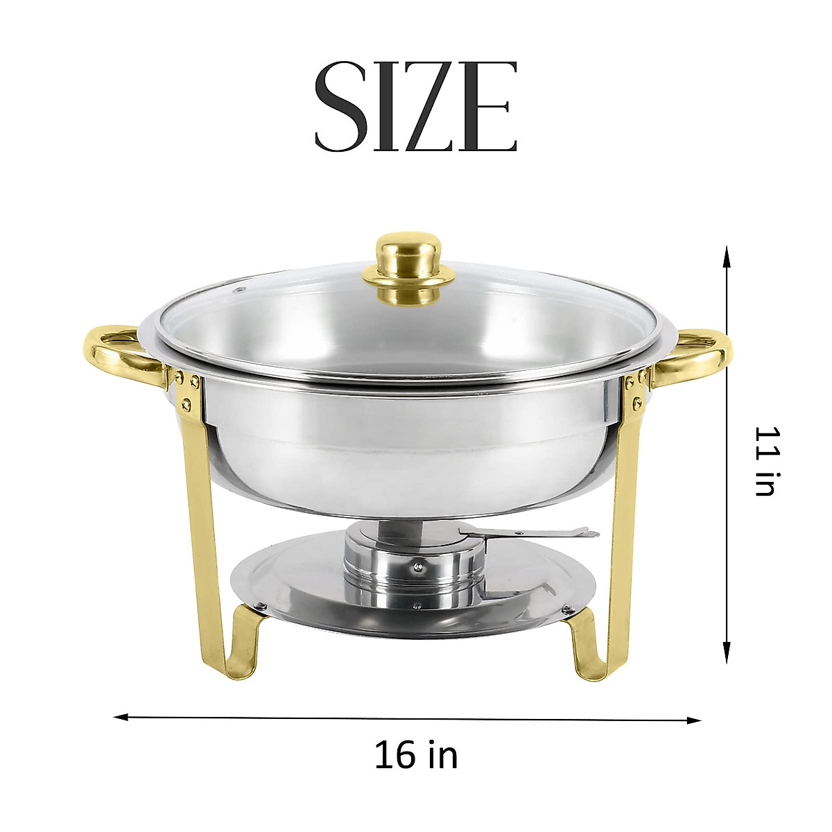 Restlrious Chafing Dish Buffet Set 2 Pack Round Stainless Steel Foldable Chafers and Buffet Warmers Sets Glass Lid in Gold Accents for Catering, 5 QT Full Size Set w/Water Pan, Food Pan, Fuel Holder