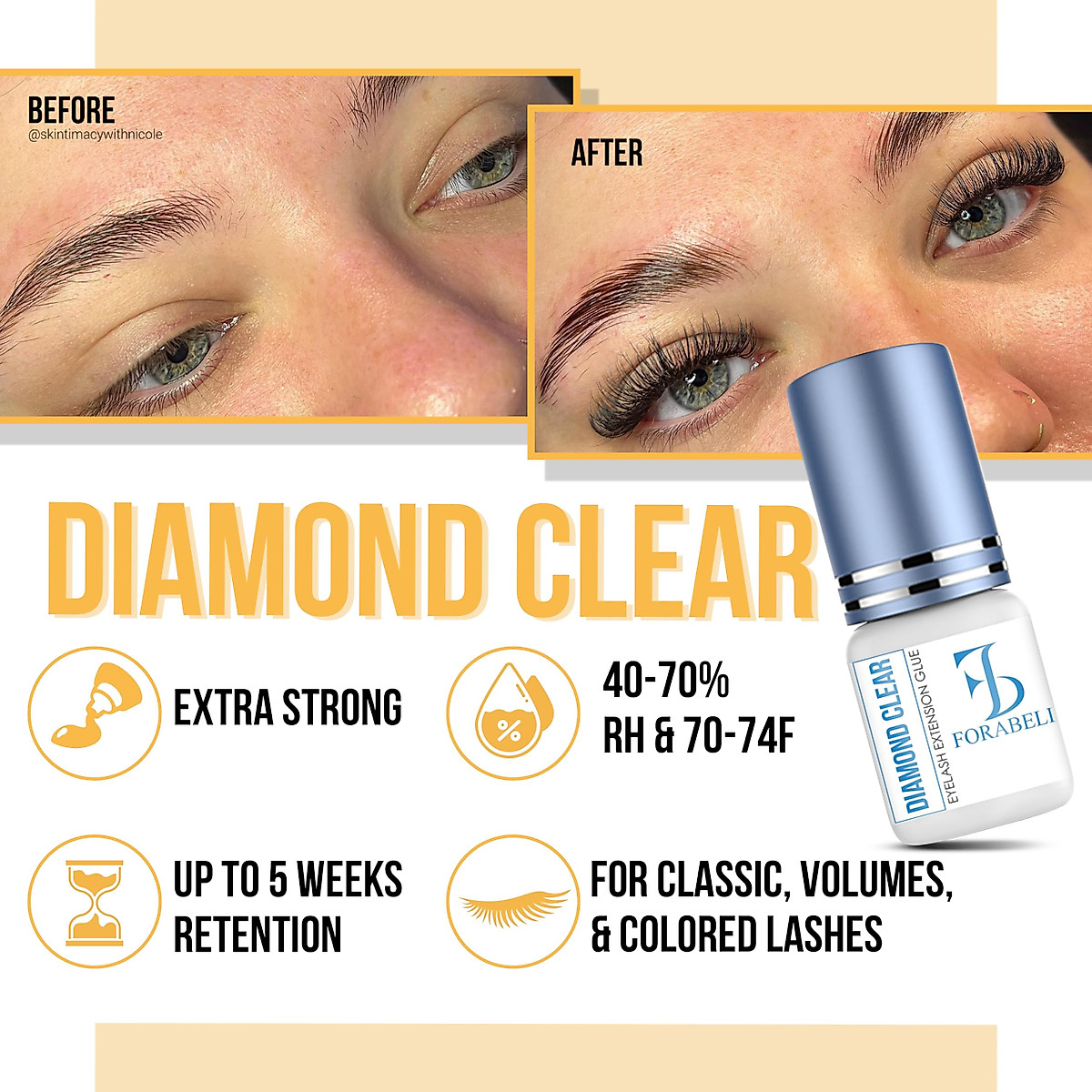 Forabeli Diamond Clear Lash Extension Glue - 2-3 Sec Dry, 6 Week Retention, Flawless Color Blending, Transparent Adhesive for Colored Eyelash