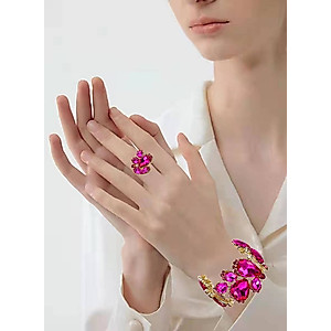 QYJ Women’s Wedding Bridal Austrian Crystal Glass Teardrop Statement Necklace Dangle Earrings Bracelet Ring Wedding Party Jewelry Set for Bridal Bridesmaid (Pink-Gold Plated)