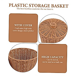 Yardwe 2pcs storage bucket with lid wicker storage basket seagrass plant pot paper waste basket woven flower pots small trash can wicker basket with lid rattan outdoor Iron office Toy