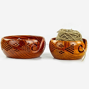 Premium Rosewood Crafted Yarn Storage Bowls with Decorative Carved Handmade Grills - Knitting & Crochet Accessories Supplies (Set)