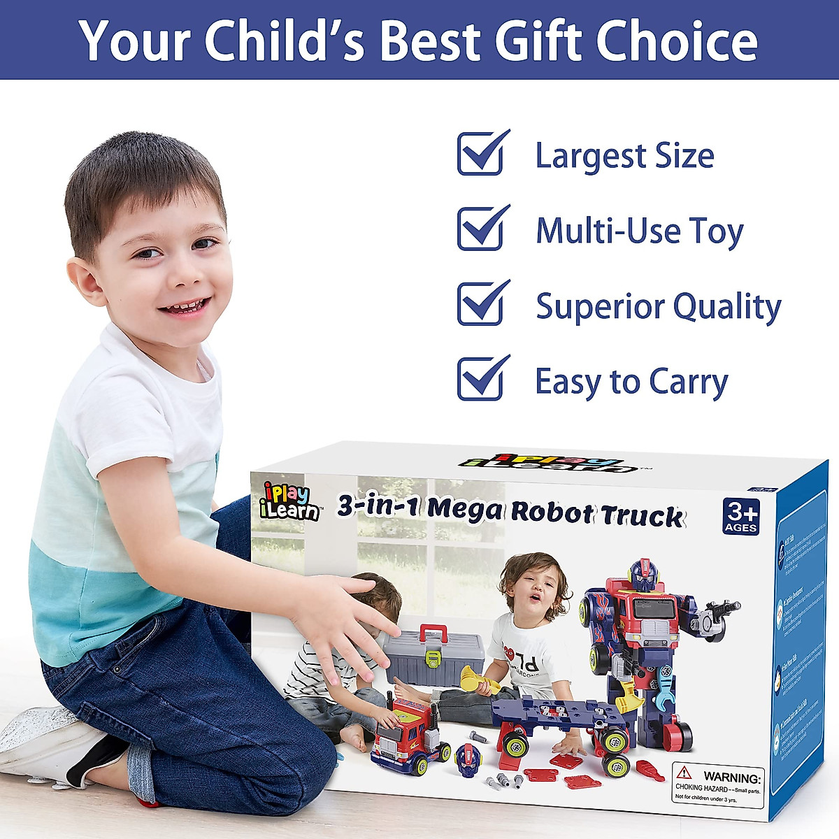 iPlay, iLearn 3 in 1 Large Transform Cool Toy Gift for 4 5 6 7 8 9 10 Year Old Boys Birthday, Kid Take Apart Robot, Big Truck Toys, Building Tool Bench, Preschool Child Development STEM Learning