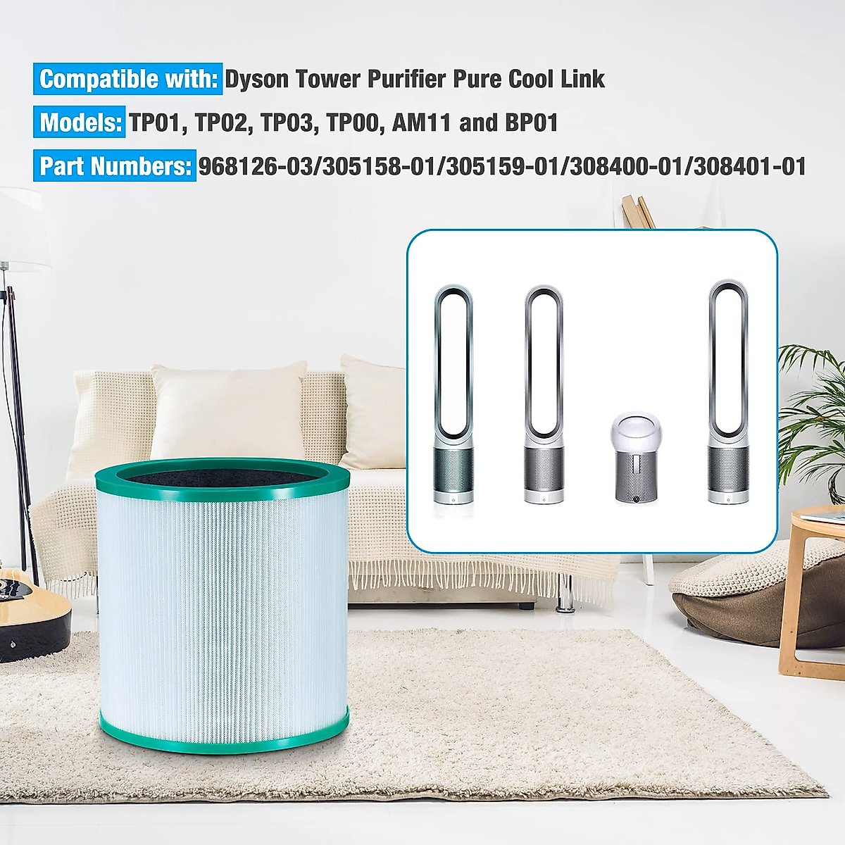 Replacement Air Purifier Filter for Dyson, Housmile Compatible with Dyson Tower Purifier Pure Cool Link Dyson TP01, TP02, TP03, AM11, BP01, Compare to Part 968126-03