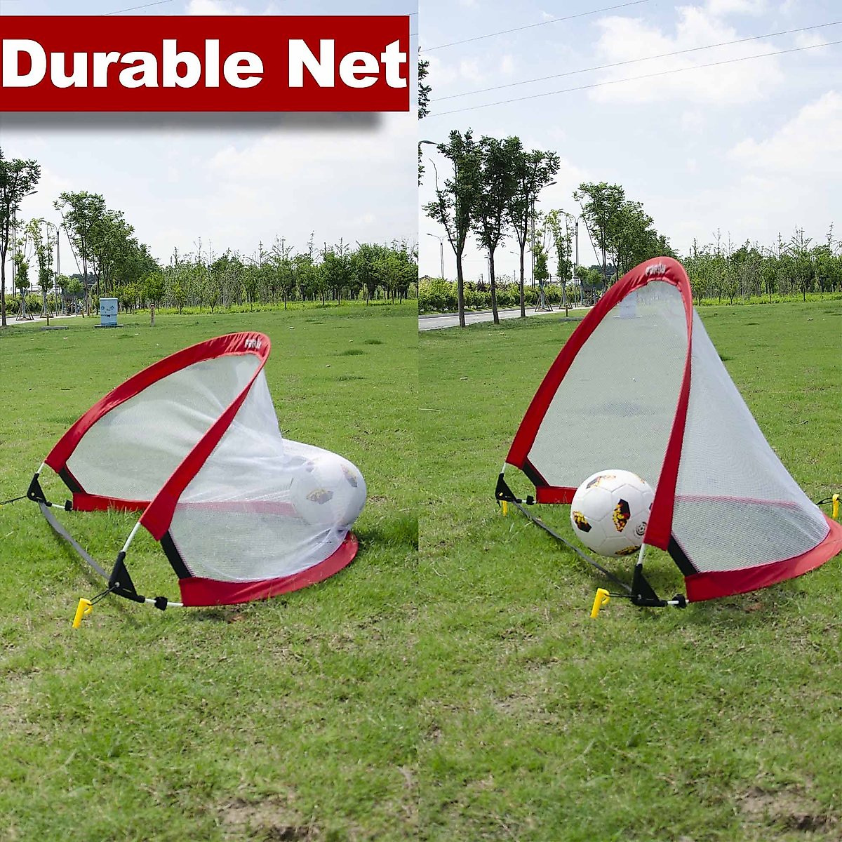 porayhut Pop up Soccer Net Soccer Goal for Kid Easy-up,Set of 2,Portable 210D Oxford with 8 Field Marker Cones & Extra Stakes,Fun for Backyard and Soccer Training Net