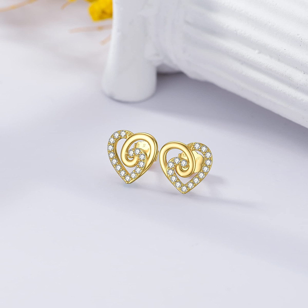 14K Gold Heart Stud Earrings for Women Real Yellow Gold Earrings Studs with Cubic Zirconia Birthday/Aniversary/Christmas Gifts for Mom Daughter Ladies Her (Yellow Gold)