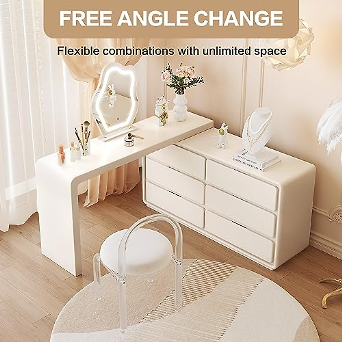HOTICKME White Makeup Vanity Set, Modern Makeup Vanity with LED Mirror, Vanity Desk with Chair & Drawers & Cabinet, Dressing Table for Girls, Bedroom Dresser