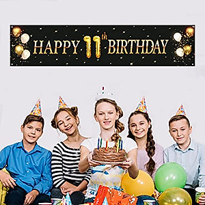 Kimini-Ki Happy 11th Birthday Banner, Lager 11th Birthday Banner Backdrops, 11th Years Old Decor, 11th Birthday Party Decorations for Boys or Girls - Black and Gold (11th)