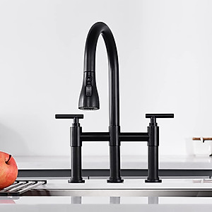 ARRISEA Matte Black Bridge Kitchen Faucet with 3 Mode Pull-Down Sprayer 2 Handle 8 Inch Faucet for Kitchen Sinks 3 Hole Kitchen Sink Faucet, Fingerprint Resistant Spot Free BL-BKF-15108BK