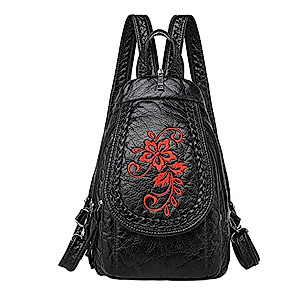 NIGEDU Vintage Embroidered Women Backpacks Soft PU Leather Backpack Purse Small Female Travel Bag High Capacity Black Chest Packs (Red Flower)