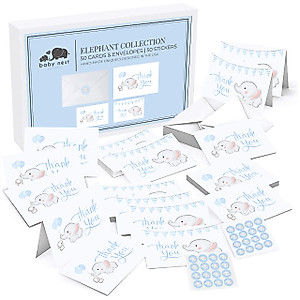Baby Shower Thank You Cards. 50 Elephant Blue Thank You Cards Baby Shower with Envelopes for Baby Thank You Notes - Blank Inside Baby Shower Card Pack with Sealing Stickers