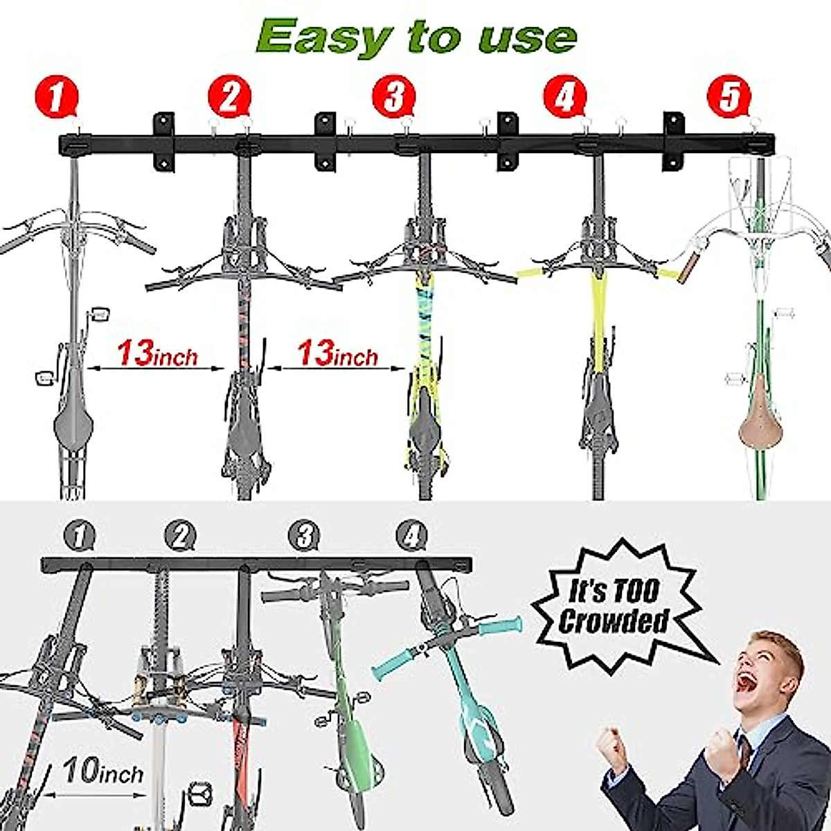 Sttoraboks Bike Storage Rack, Garage Wall Mount Hanger, Indoor Bicycle Organizer with Adjustable Hooks for Home and Garage, 67-inch Cycle Stand Holds 5 Bikes, Wall Bike Stand Up to 300lbs