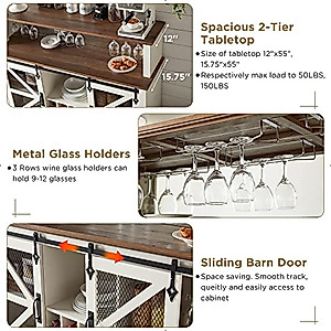 OKD Coffee Bar Cabinet with Storage, 55" Farmhouse Kitchen Buffet Sideboard w/Sliding Barn Door & Adjustable Shelves, Home Liquor Cabinet w/LED Lights & Wine Racks for Dining Room, Antique White