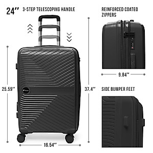 Feelway Hardside Checked 24" Luggage Suitcase Durable, Expandable Design with 360° Double Spinner Wheels, TSA Lock, Telescopic Handle, Secure Zipper (Black, 24")