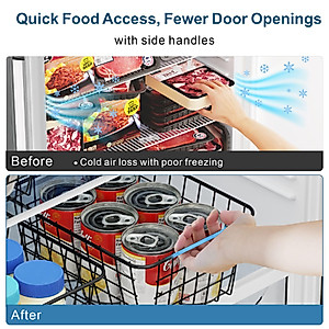 iSPECLE Upright Freezer Organizer Bins - 4 Pack Small Stand Up Freezer Baskets for 13 cu.ft Freezer, Easily Get Food with Handle and Stop Food Fall out from Freezer, Improve Air Circulation, Black