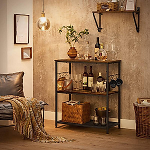 VASAGLE Bakers Rack, Kitchen Shelf, Kitchen Island, Microwave Oven Stand with 3 Open Shelves, 6 Hooks, Metal Frame, 15.7 x 31.5 x 35.4 Inches, Industrial, Rustic Brown and Black UKKI002B01