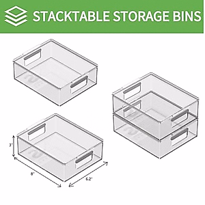 vacane 4 Pack Plastic Shallow Storage Organizer Box Containers with Lids, Stackable Pantry Organizer Built-In Handles Refrigerator Organizer, Storage Cube Hold Food, Snacks, Makeup, Toys-Clear