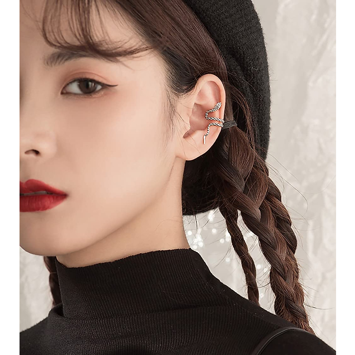 Reffeer Solid 925 Sterling Silver Snake Cuff Earrings Wraps for Women Snake Crawler Cuff Earrings No Piercing (A-Black Gold)