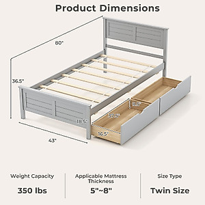 Giantex Wood Twin Bed with 2 Storage Drawers, Solid Wood Platform Bed with Headboard, Wooden Slats Support Mattress Foundation, No Spring Needed, Twin Bed Frame for Kids, Teens, Adults, Grey