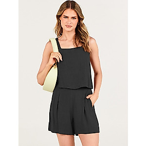 ANRABESS Womens 2 Piece Outfits Linen Square Neck Crop Short Set Lounge Matching Sets 2023 Trendy Clothes Summer Vacation Set for Beach Vacation Resort 997heise-S, Black