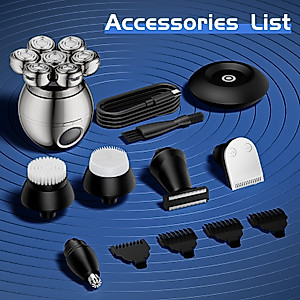 5-in-1 Electric Head Shaver for Bald Men - Rotary Design Head Shavers - Electric Men's Grooming Kit - with Rotary Blades, Clippers, Nose Trimmer, Brush, Massager - Cordless, and Rechargeable