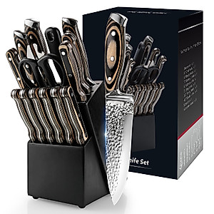 Knife Sets for Kitchen,15-piece Hammered Desgin Knife Set with Block and Sharpener, High Carbon Stainless Steel Chef Knives with Grey Triple Rivet Handle, Ultra Sharp and Dishwash Safe