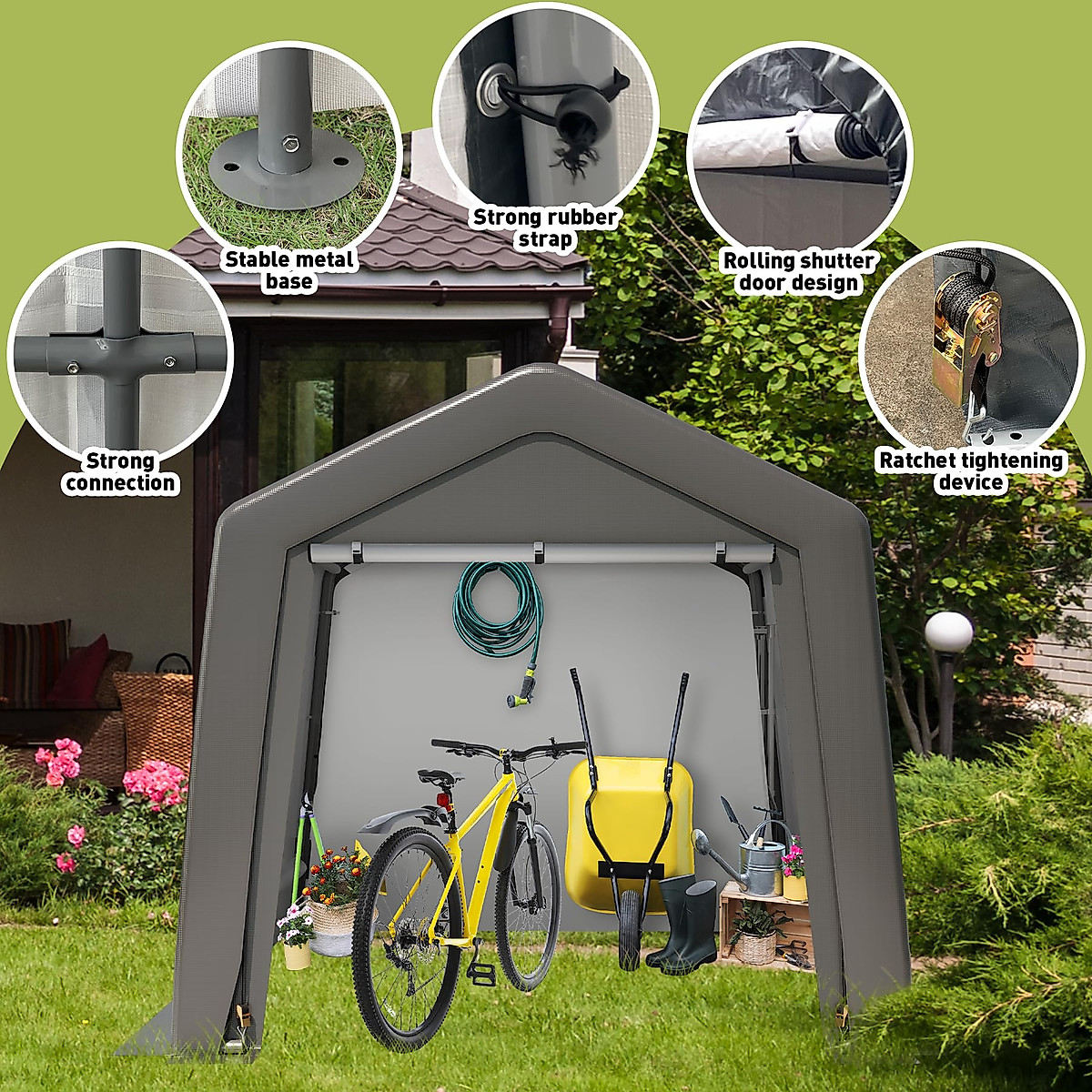 CuisinSmart Portable Shed, Outdoor Storage Shelter, 6x6x7 ft Heavy Duty Waterproof Storage Tent Sheds with Roll-up Zipper Door, for Motorcycle, Bike, Garden Tools