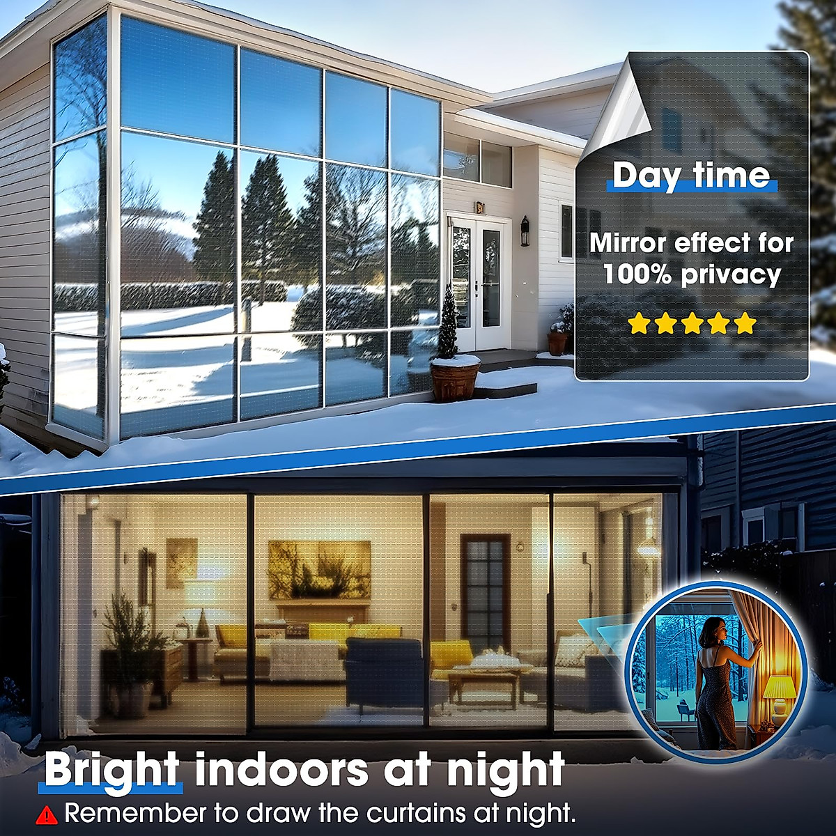 Coavas One Way Privacy Window Film,Reflective Home Glass Mirror Tint See Out Not in,Heat UV Blocking Static Cling for Office Front Door Daytime Privacy Covering, Blue-Silver,17.5x78.7 in