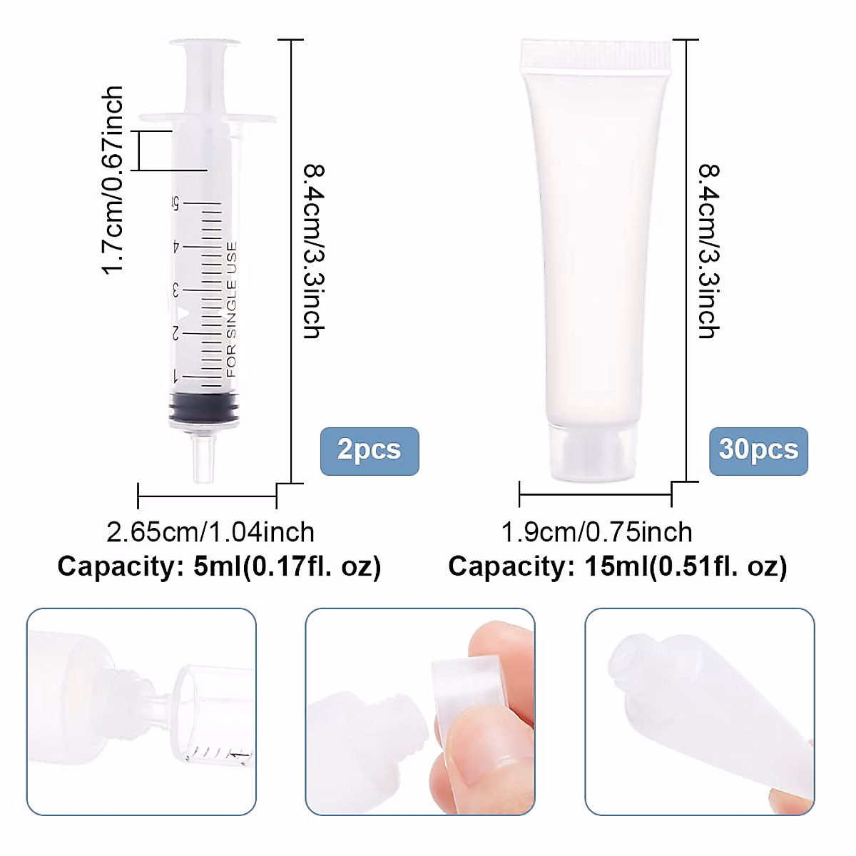 BENECREAT 30 Pack 0.5oz Clear Empty Tubes with Plastic Syringes Clear Squeezable Cosmetic Containers Refillable Plastic Tubes for Shampoo Facial Cleanser Makeup Sample