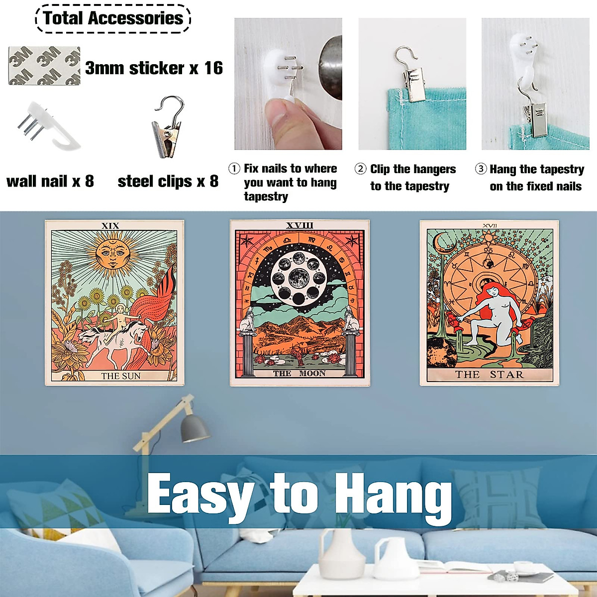 ZeeDix 4 Pcs Tarot Flag Tapestry- Small Tarot Card Europe Mysterious Medieval Tapestry, The Strength, The Sun, The Moon, The Star Astrology Divination Tapestry for Home Room with Seamless Nails