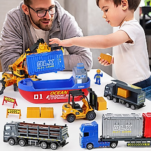 iPlay, iLearn Cargo Truck Toys for 4-5 Year Old Kids, Container Ship Crane Trailer, Transport Logging Trucks, Construction Vehicles Playset W/Forklift Boat, Birthday Gifts for 3 6 7 Boy Toddler Child