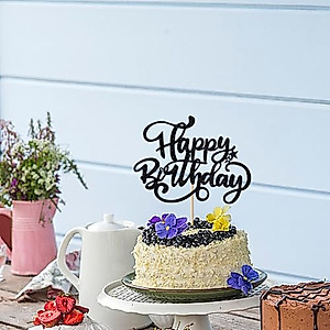 Crseniny Happy Birthday Cake Topper,Black Glitter Birthday Sign Cake Decorations，Anniversary Party/Birthday Party Decoration Supplies(Black)