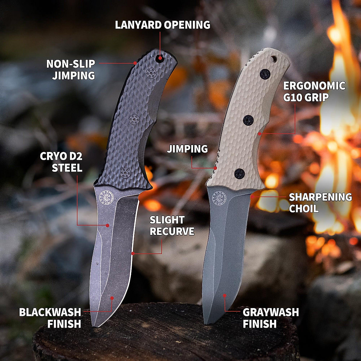 Off-Grid Knives - Backcountry Coyote V2 Fixed Blade - Cryo D2 Steel Knife with Graywash Finish, Full Tang, Coyote Tan G10 Scales, Kydex Sheath, Bushcraft, Hunting, Survival, Camping, Tactical Use