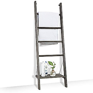 MyGift Vintage Gray Wood Wall Leaning Towel Ladder Rack for Bathroom with Bottom Storage Shelf, Decorative Wooden Blanket Ladder