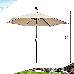TANGKULA 9FT Patio Umbrella, Outdoor Market Table Umbrella with Push Button Tilt Adjustment, Crank & 6 Sturdy Ribs for Garden, Backyard, Deck & Pool (Beige)