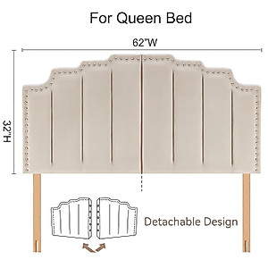 Kingfun Mid Century Headboard for Queen Size Bed,Velvet Upholstered Tufted Bed Headboard with Nailhead Decor,Adjustable Curved Solid Wood Head Board Vertical Channel Design (Medium Beige)
