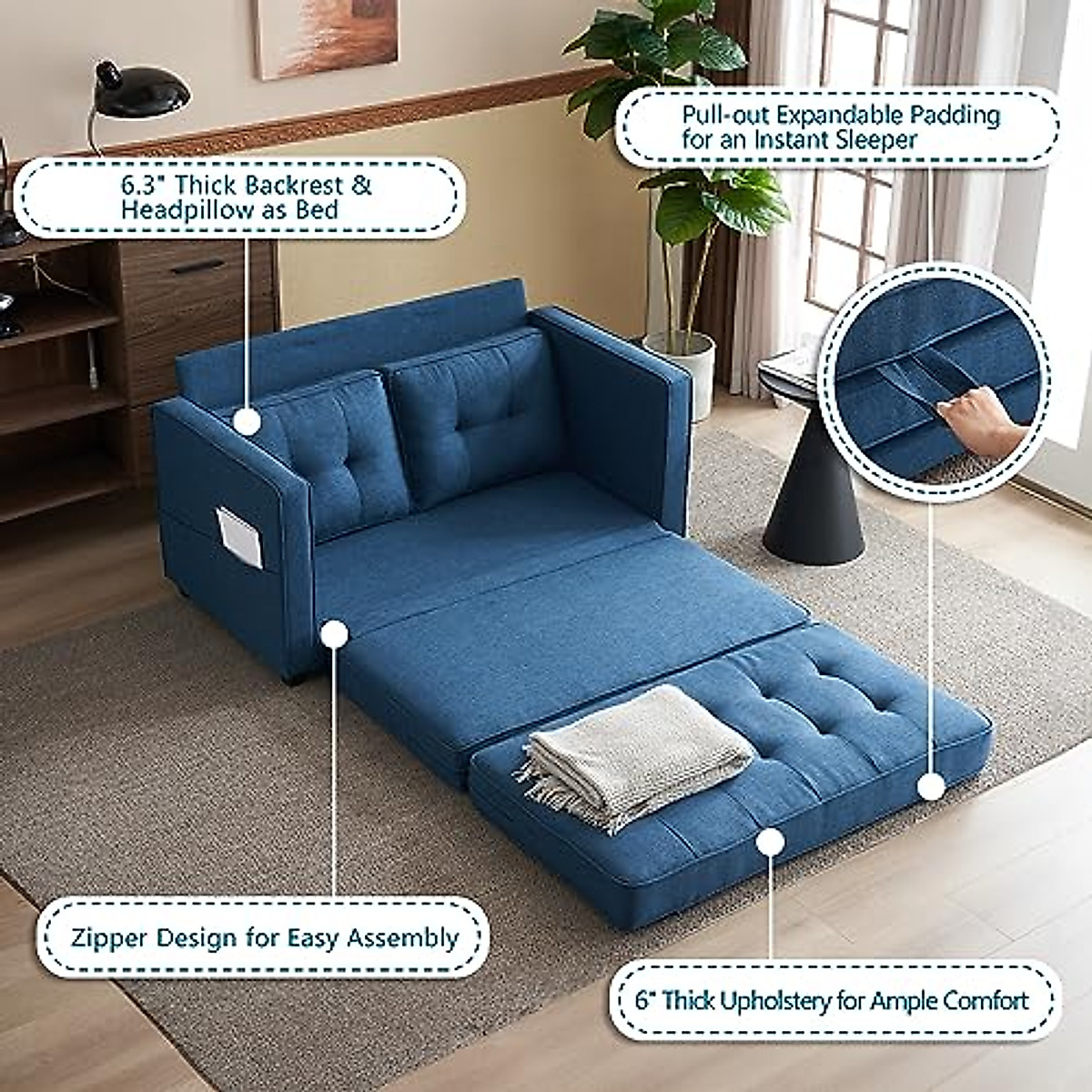 VINGLI Upgraded Loveseat Sleeper, 53.5" W 80" L Convertible Sofa Bed Couch Futon Couches for Living Room, Folding Couch Bed for Small Spaces, Foldable Floor Gaming Sofa Bed for Basement, Navy Blue