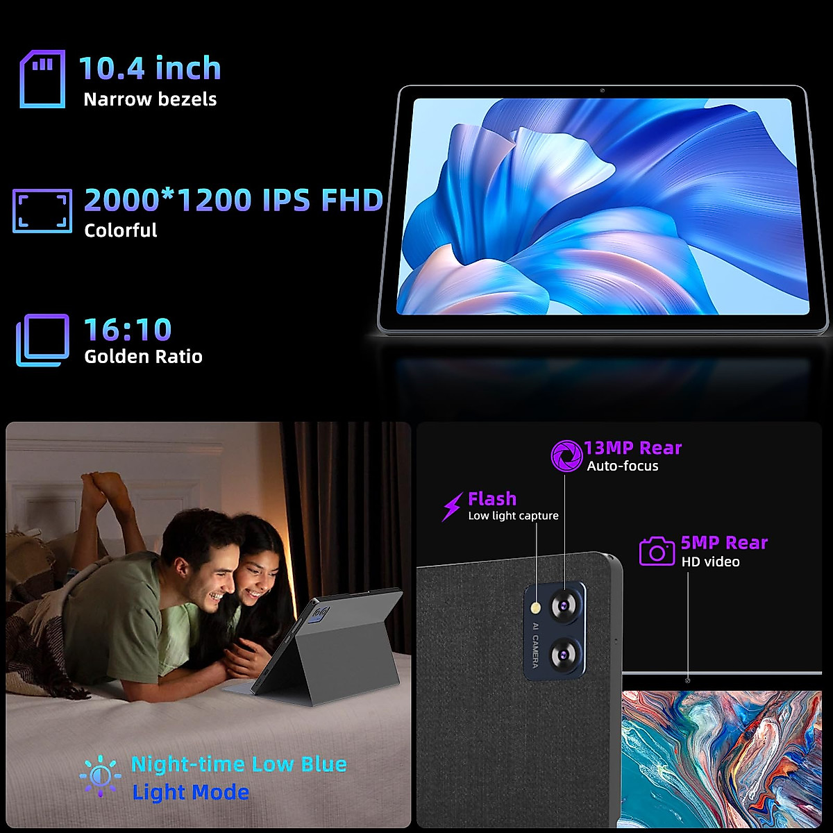 2024 Newest Android 12 Tablet, 10.4 inch Tablet, 16GB+128GB Tablet with 1TB Expand, Octa Core Processor Android Tablets, 2000 * 1200 FHD, 2.4G/5G WiFi 6, 7000mAh, BT 5.0, 5MP+13MP Dual Camera,Games