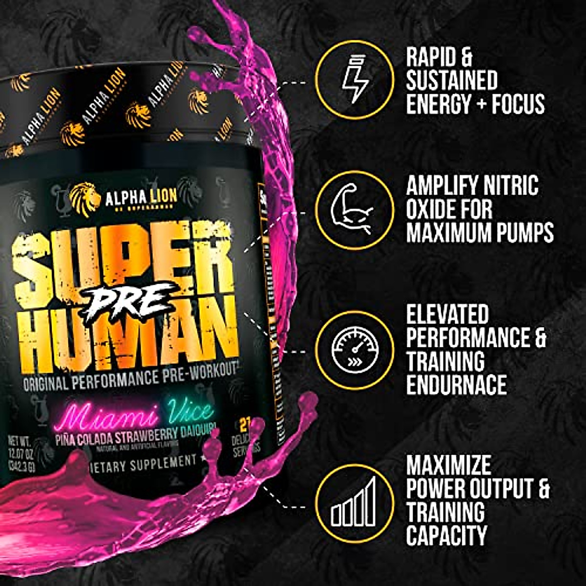 ALPHA LION Superhuman Pre Workout Powder, Beta Alanine, L-Taurine & Tri-Source Caffeine for Sustained Energy & Focus, Nitric Oxide & Citrulline for Pump (21 Servings, Miami Vice)