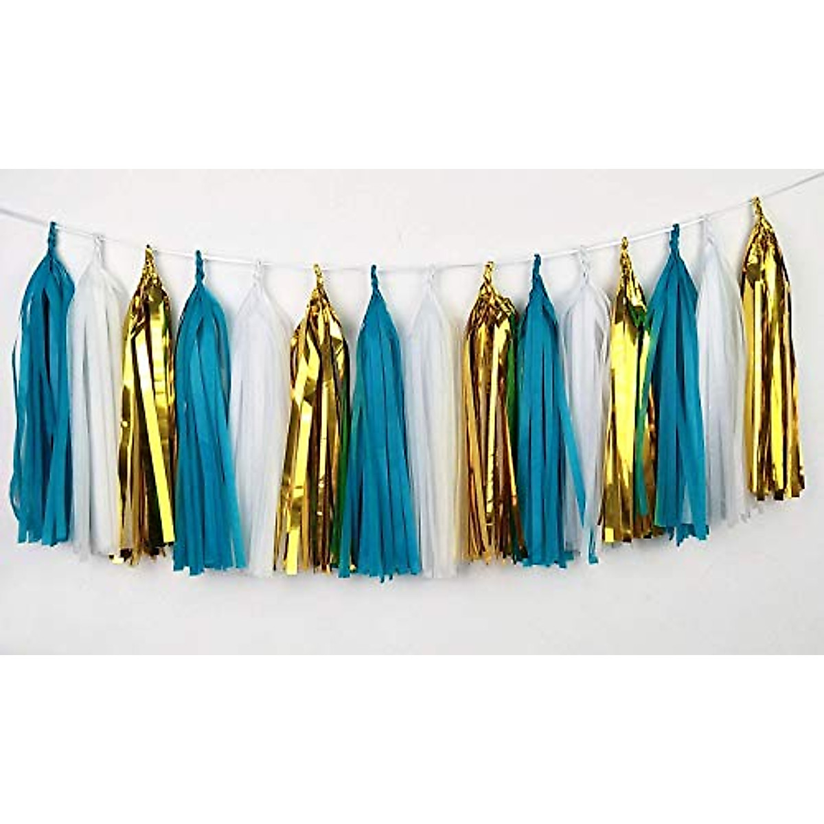 HappyField Teal White Gold Tissue Paper Tassel Garland for Birthday Party, Hen Party, Bridal Shower, Baby Shower, Wedding, Bachelorette, Table Decor Event & Party Decorations, DIY Kits