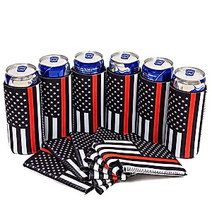 QualityPerfection Slim Can Cooler Sleeves (12 Pack) Black Flag with Thin Red Line Beer/Energy Drink Blank Skinny 12 oz 4mm Neoprene Holder (Firefighter)
