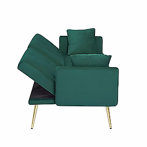 Eafurn Convertible Futon Sofa Bed with 2 Cup Holders, Modern Velvet Split-Back Folding Loveseat Sleeper Couches w/Adjustable Tufted Backrest,Square Armrest Sofabed, Dark Green 72.4" with 2 Pillows