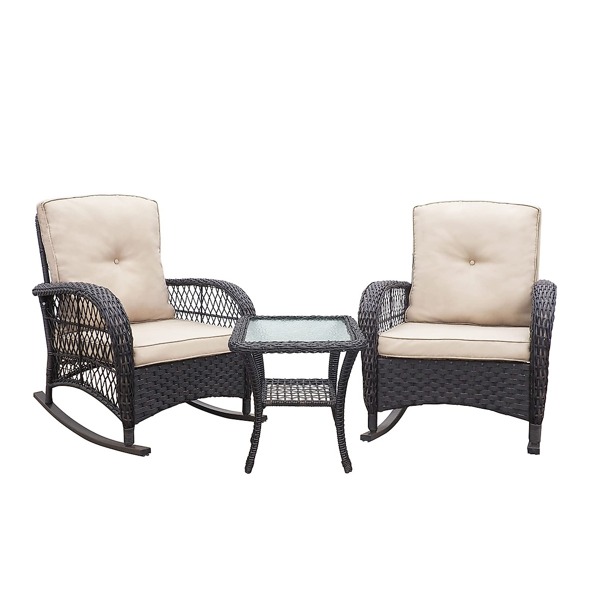 Flymatic 3 Pieces Outdoor Wicker Rocking Chair Set, Rattan Patio Rocker Chairs Set with Cushions and Glass-Top Coffee Table