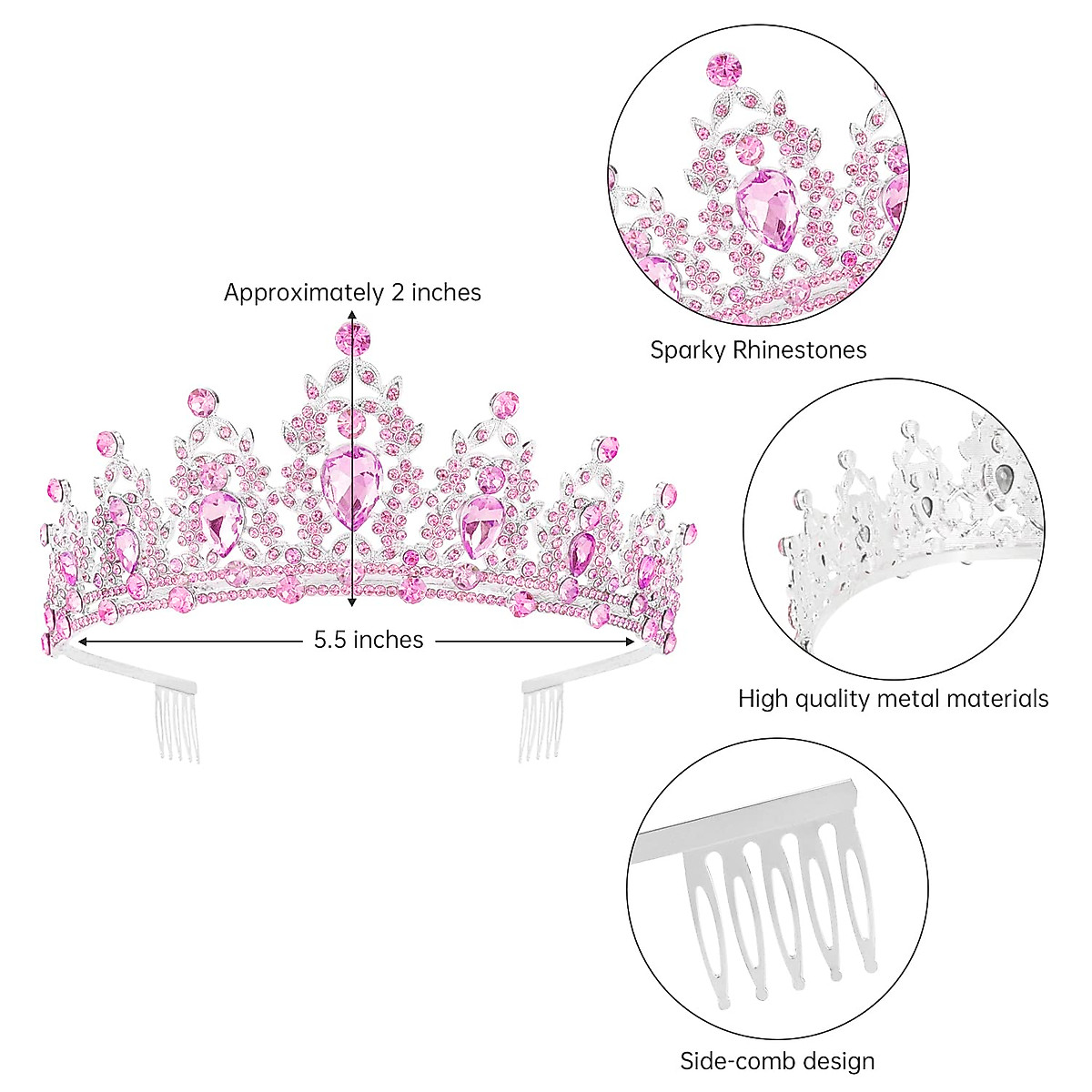 SuPoo Pink Birthday Crowns Birthday Sash and Crown Kit Birthday Tiara Rhinestones Metal Crown with Comb Glitter Birthday Girls Sash Crystal Headband Princess Tiaras for Girl Happy Birthday Decorations