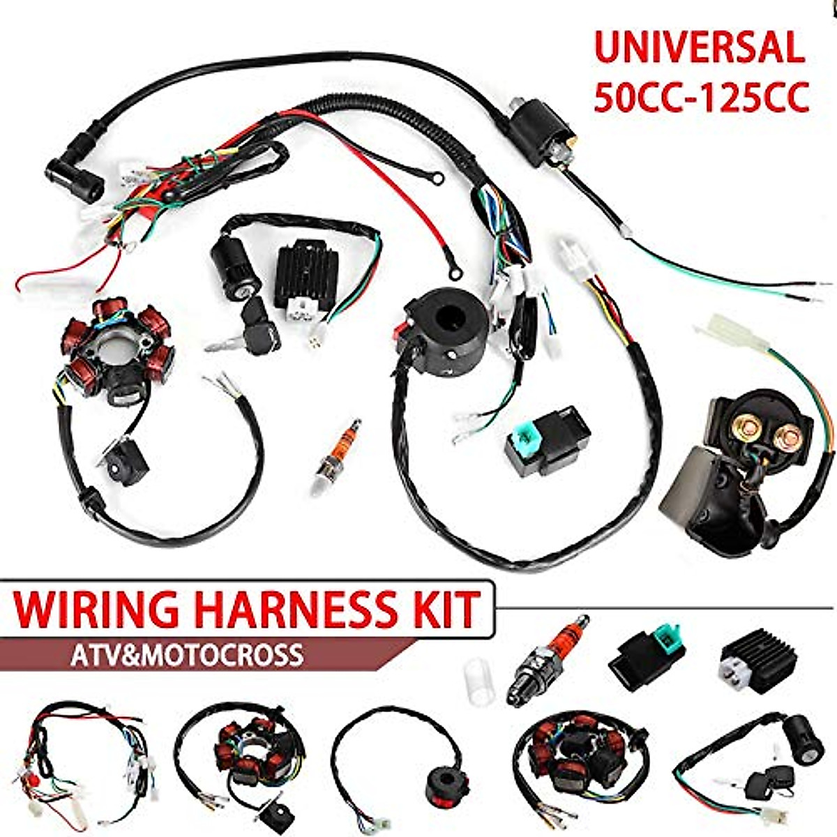 Quad Wire Harness Complete Electrics Stator Coil CDI Wiring Harness Solenoid Relay Spark Plug for 4 Wheelers Stroke ATV 50cc 70cc 90cc 110cc 125cc Pit Quad Dirt Buggy Bike Go Kart Parts