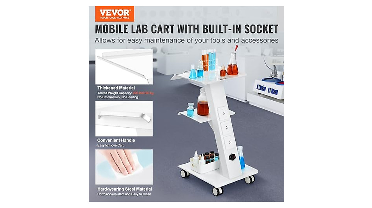 VEVOR Lab Trolley with Built-in Socket | 3-Layer Rolling Lab Cart